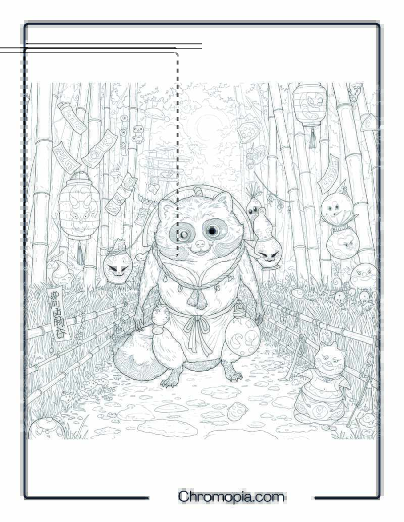 Tanuki Trickster Monster Coloring Page – Forest of Mischief and Shadows ...