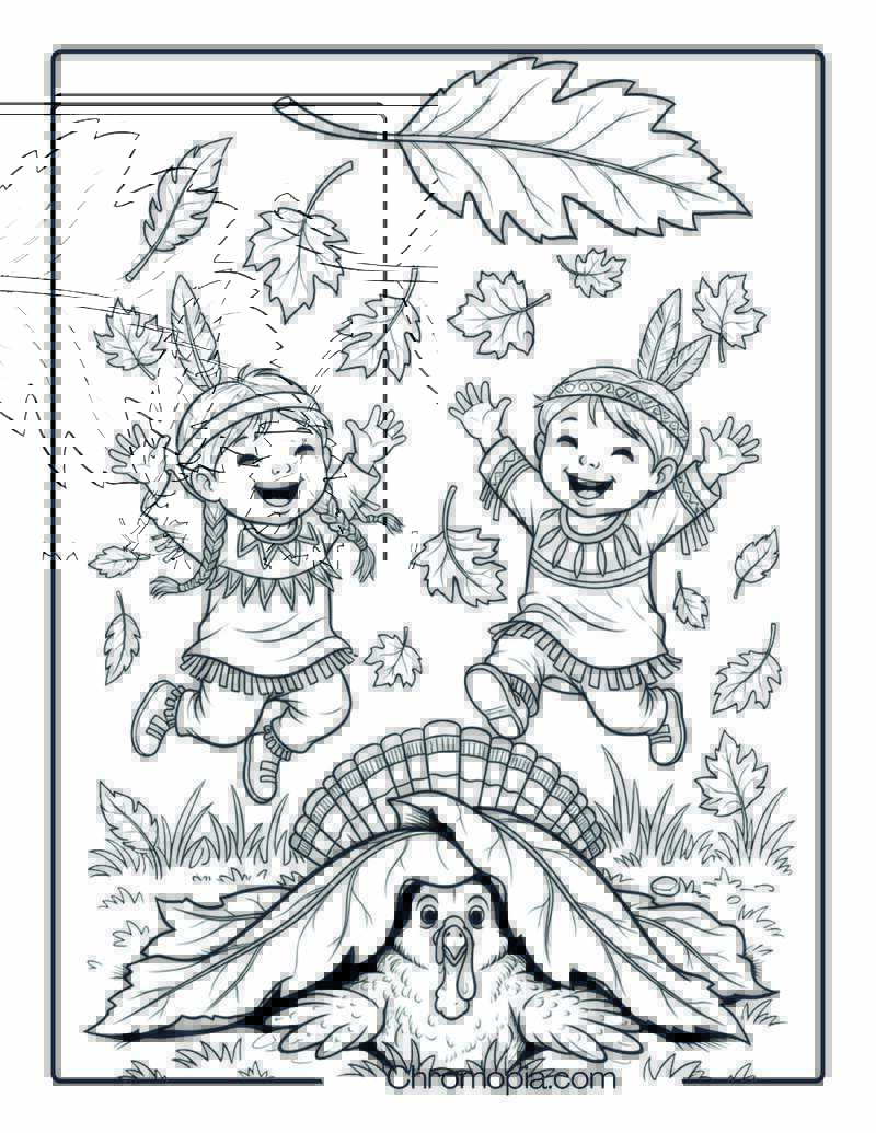 Native American Children Leaf Pile Play Coloring Page – Free Printable ...